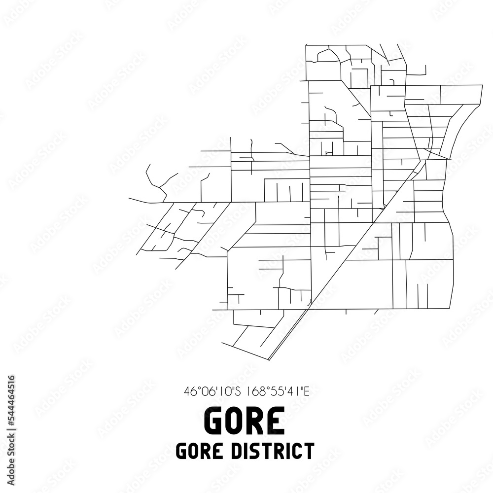Gore, Gore District, New Zealand. Minimalistic road map with black and ...