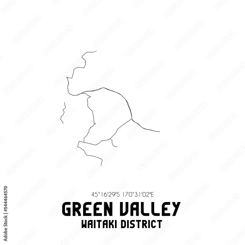 Green Valley, Waitaki District, New Zealand. Minimalistic road map with ...
