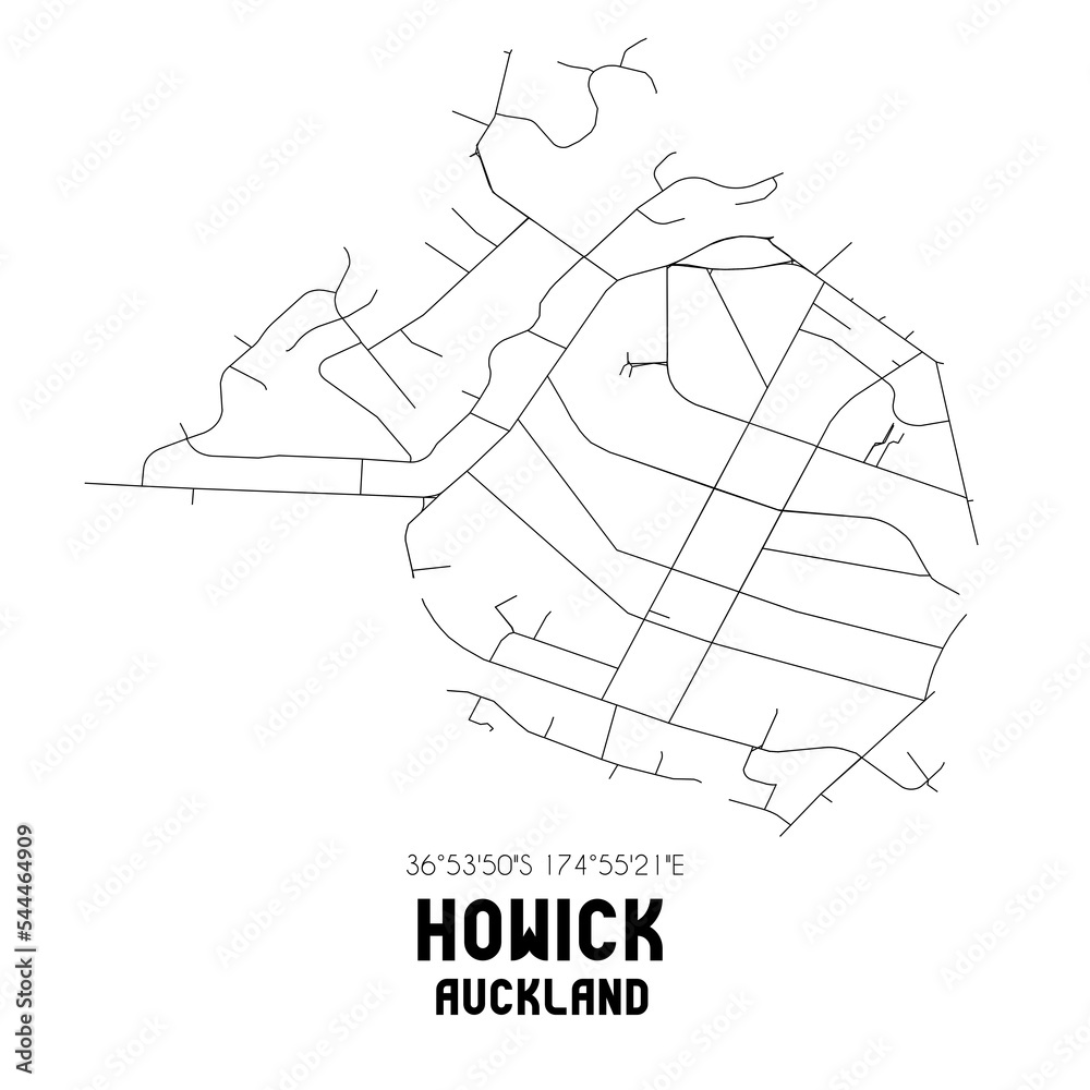 Howick, Auckland, New Zealand. Minimalistic road map with black and ...