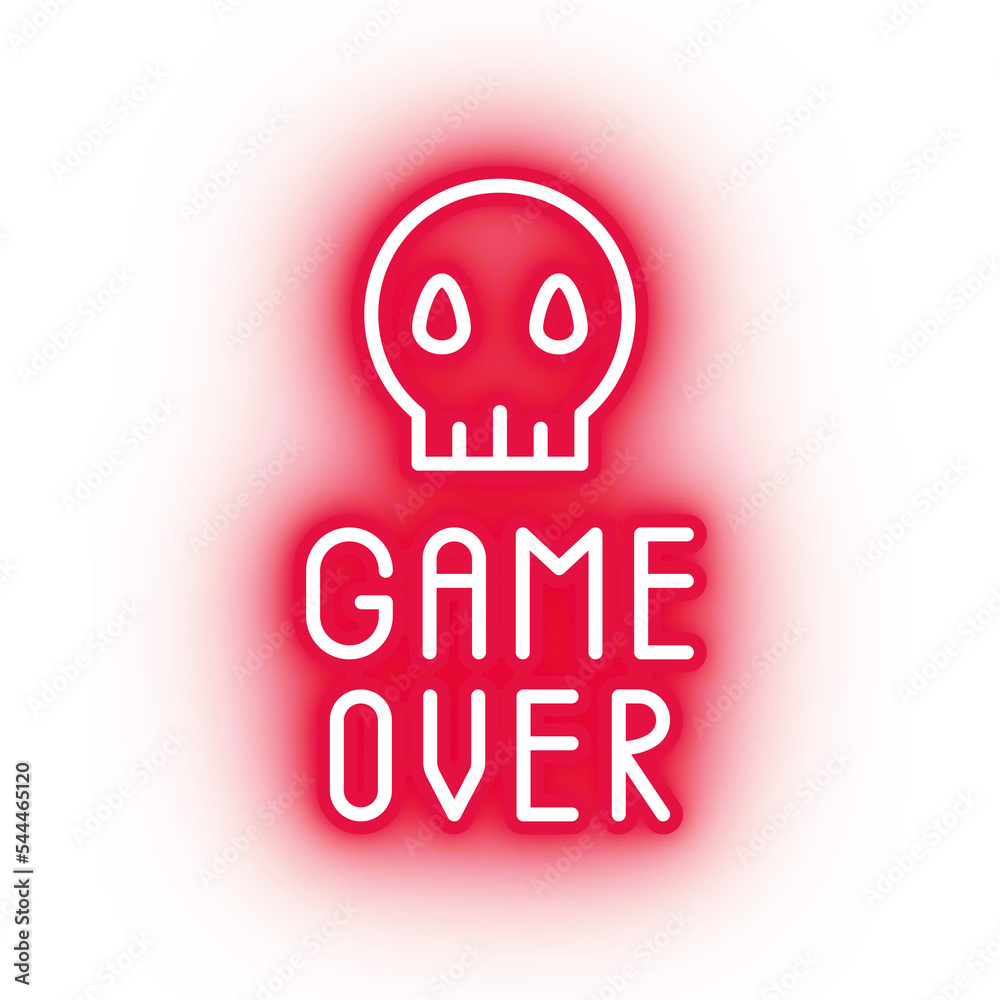 Neon red game over icon, game over skull on transparent background ...