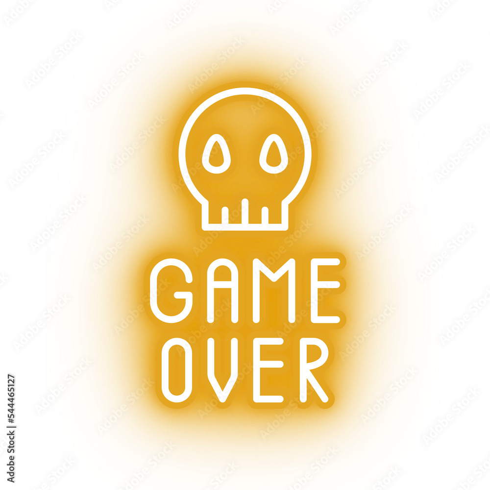 Neon yellow game over icon, game over skull on transparent background ...