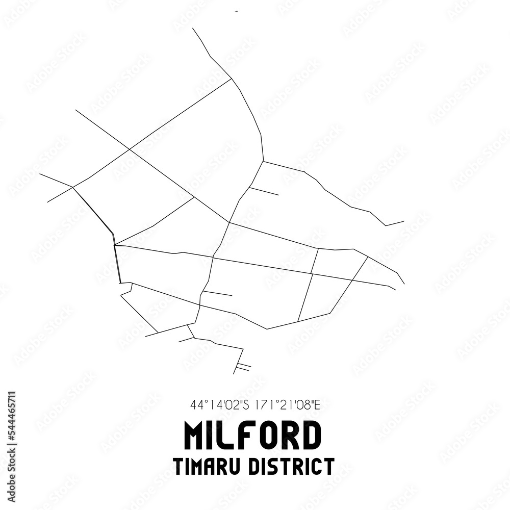 Milford, Timaru District, New Zealand. Minimalistic road map with black ...