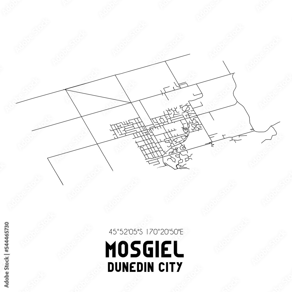 Mosgiel, Dunedin City, New Zealand. Minimalistic road map with black ...
