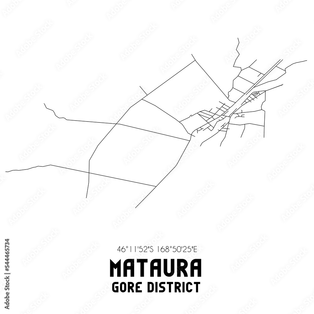 Mataura, Gore District, New Zealand. Minimalistic road map with black ...