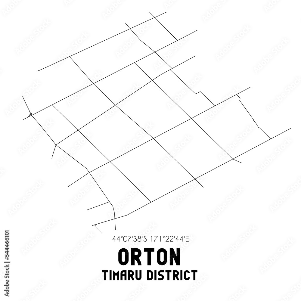 Orton, Timaru District, New Zealand. Minimalistic road map with black ...