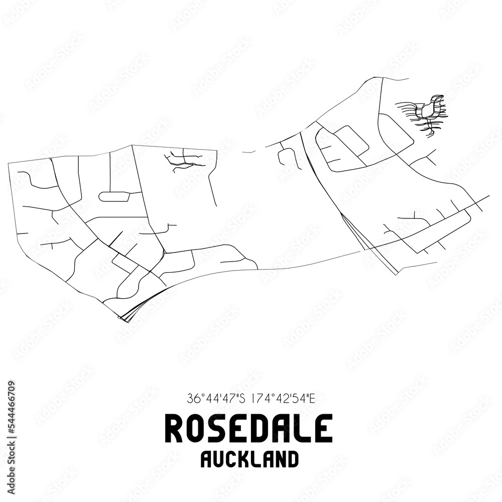 Rosedale, Auckland, New Zealand. Minimalistic road map with black and ...