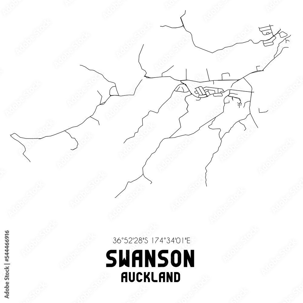 Swanson, Auckland, New Zealand. Minimalistic road map with black and ...