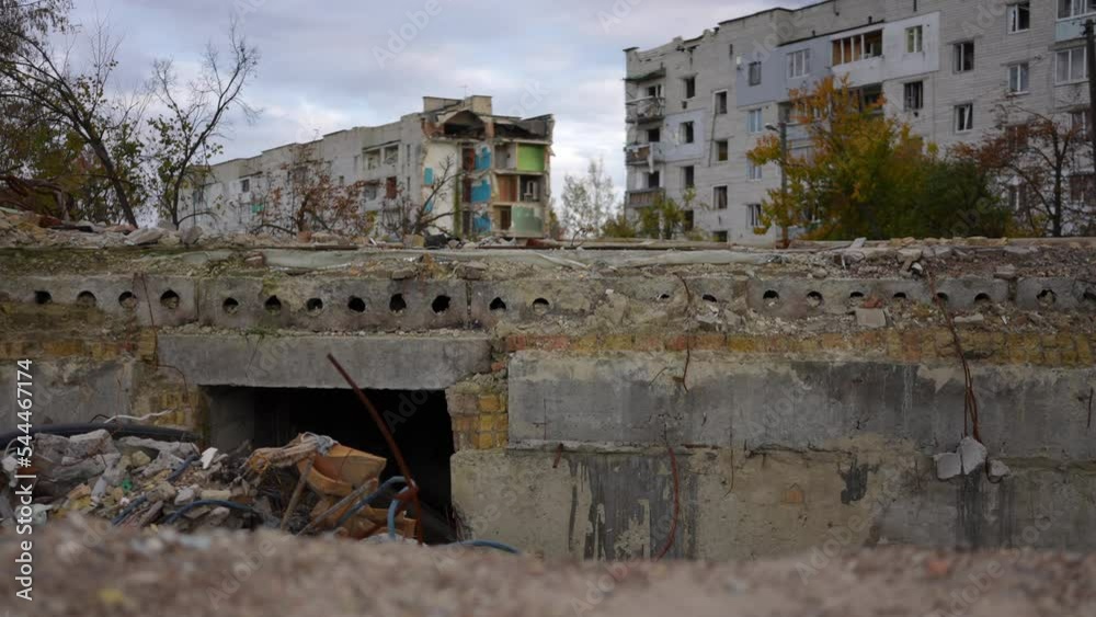 Live camera moves up at wall of destroyed building showing damaged ...
