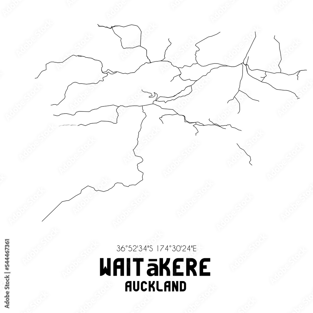 Waitakere, Auckland, New Zealand. Minimalistic road map with black and ...