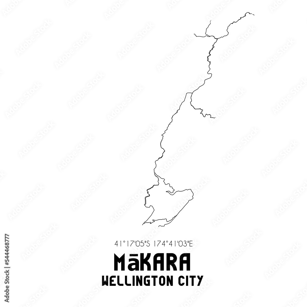 Makara, Wellington City, New Zealand. Minimalistic road map with black ...
