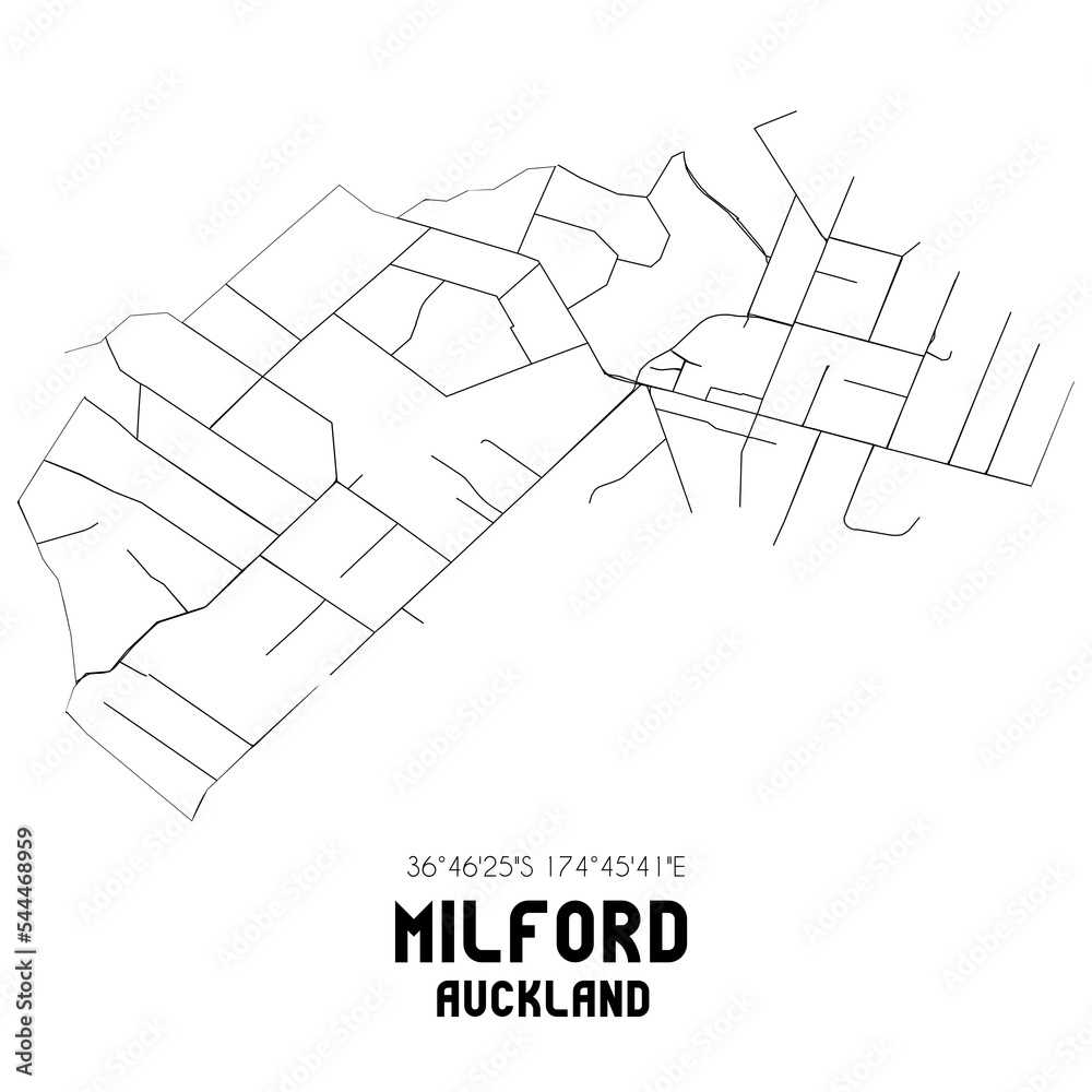 Milford, Auckland, New Zealand. Minimalistic road map with black and ...