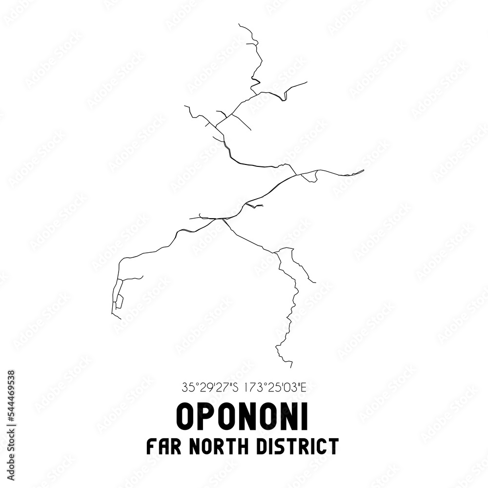 Opononi, Far North District, New Zealand. Minimalistic road map with ...