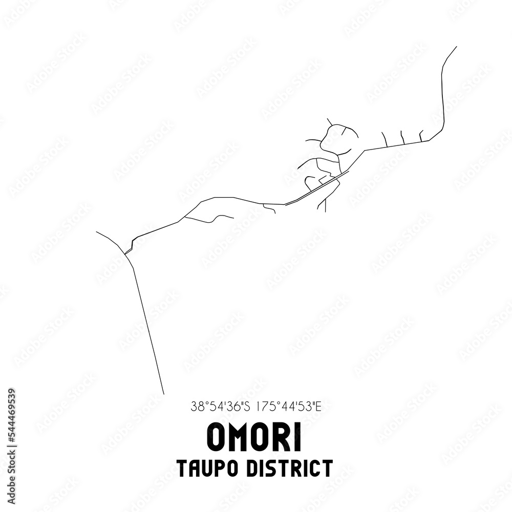Omori, Taupo District, New Zealand. Minimalistic road map with black ...