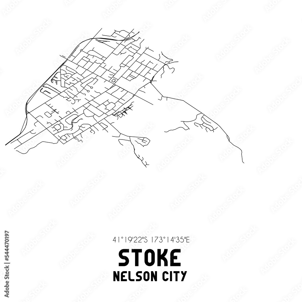 Stoke, Nelson City, New Zealand. Minimalistic road map with black and ...