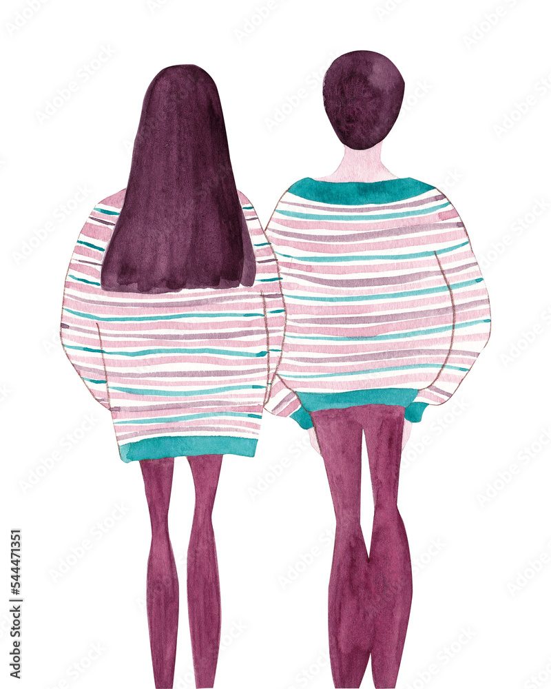 Two young people. A girl and a guy in identical sweaters walk holding ...