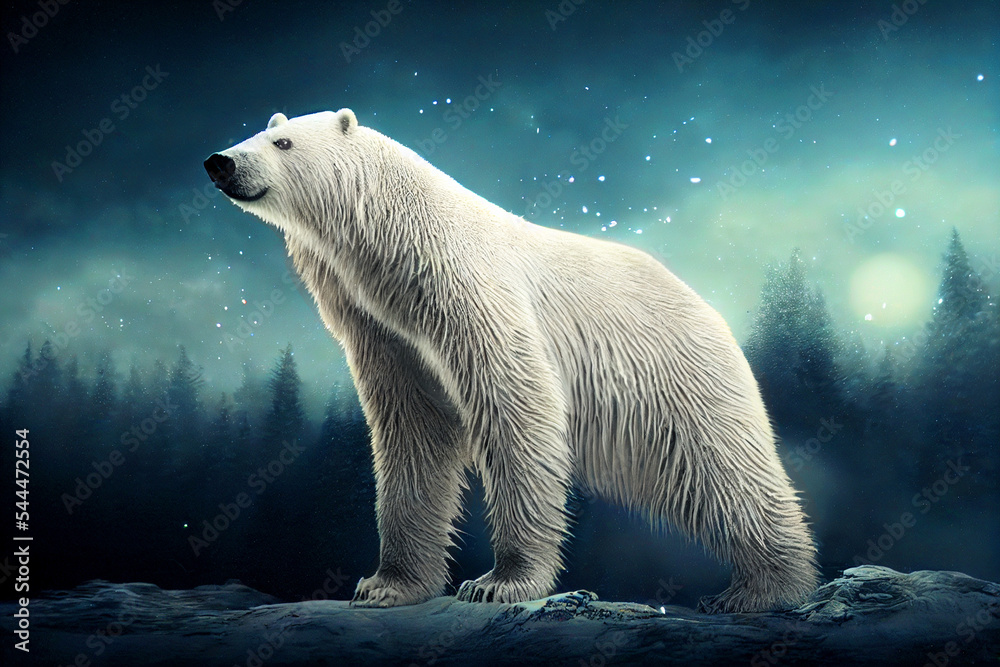 Polar bear at night magical illustration, northern arctic landscape ...