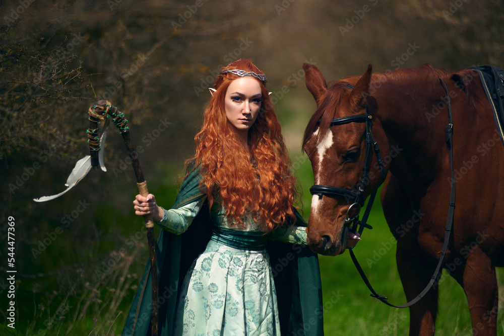 forest elf girl with a horse Stock Photo | Adobe Stock