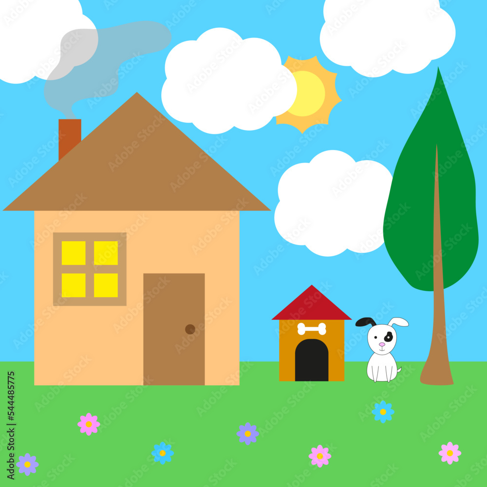 Cartoon house. Happy family. Comic background. Vector illustration ...