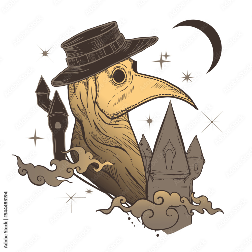 Vector gothic illustration of plague doctor in medieval town. Tattoo ...