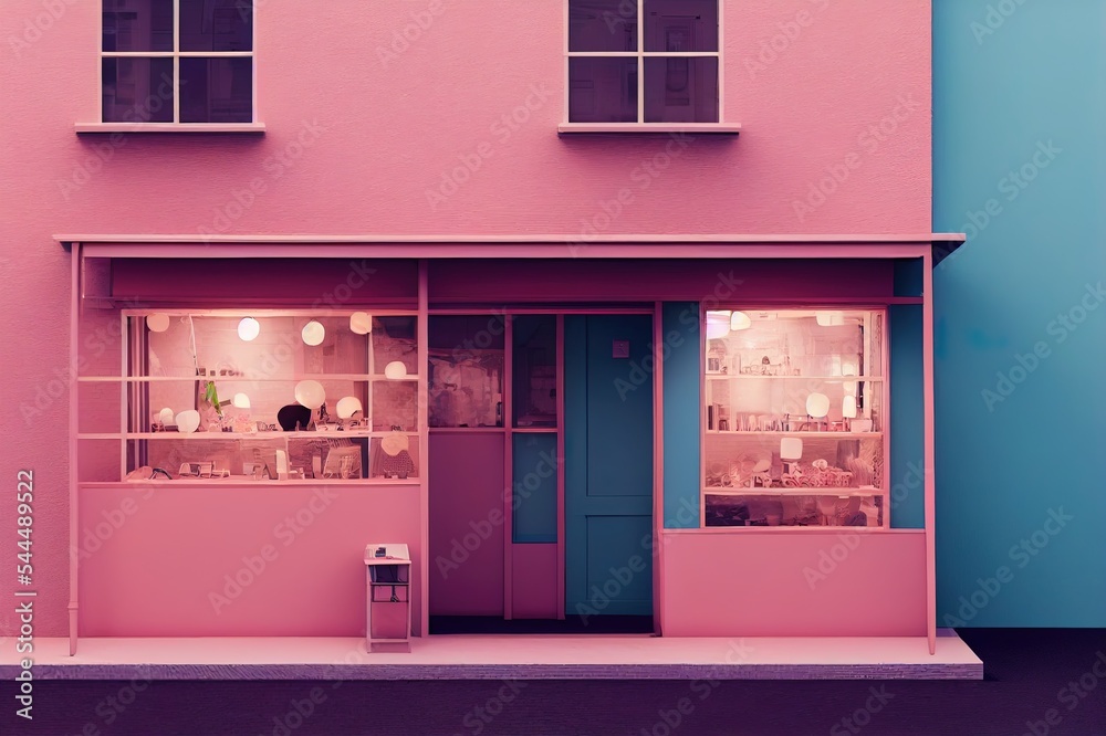 Exterior of outdoor cafe with pastel pink color. The shop has window ...