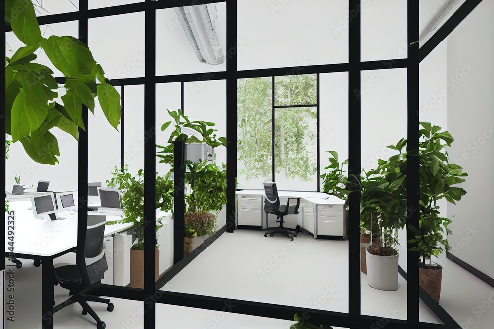 3d rendering of an eco friendly open plan office space. Coworking ...
