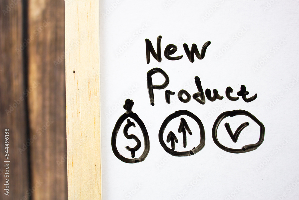 NEW PRODUCT - text concept with arrows, checkmarks and dollar. Business ...