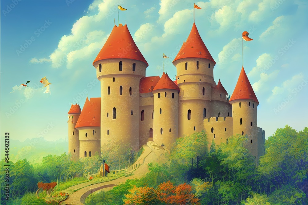 Cartoon nature scene with beautiful castle and the forest illustration ...