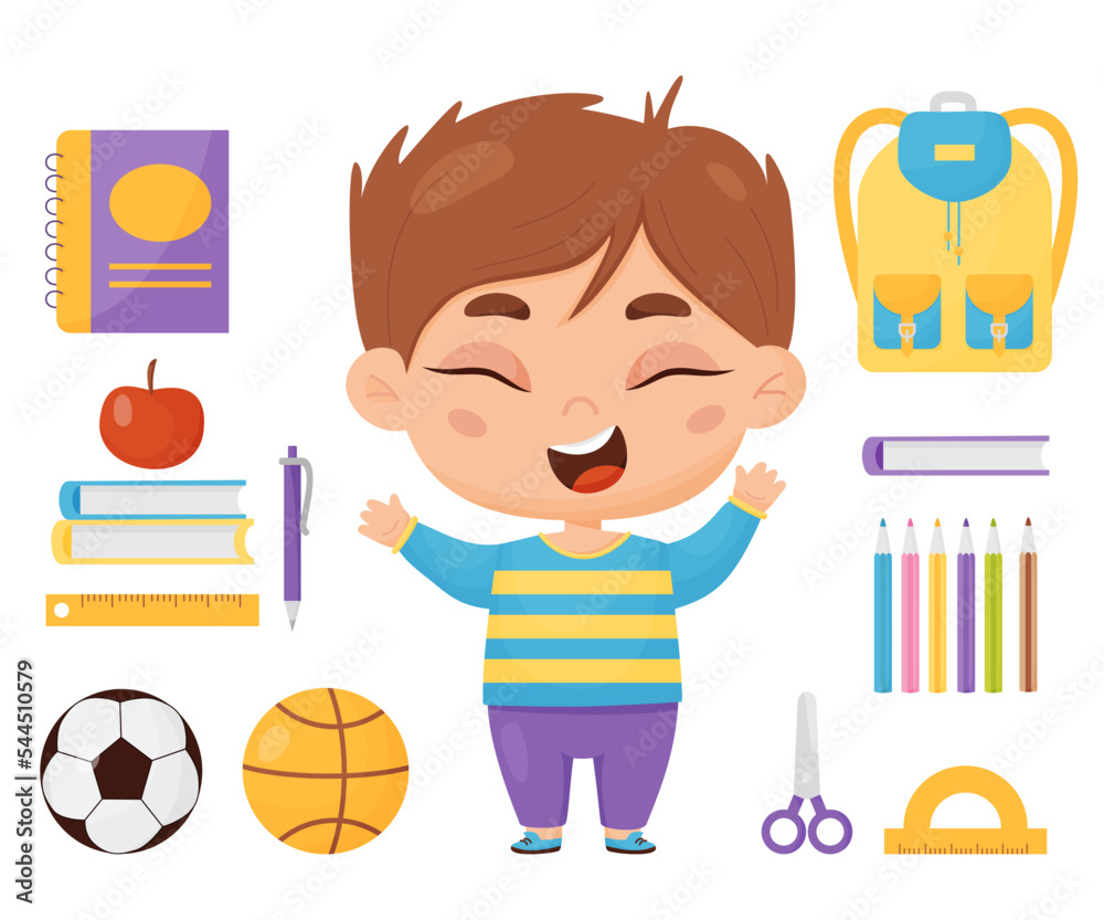 Set of school items and schoolboy. Happy character boy and study ...