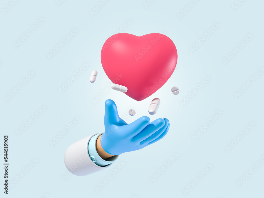 Cartoon hand of a doctor in gloves holding a red heart on a blue ...