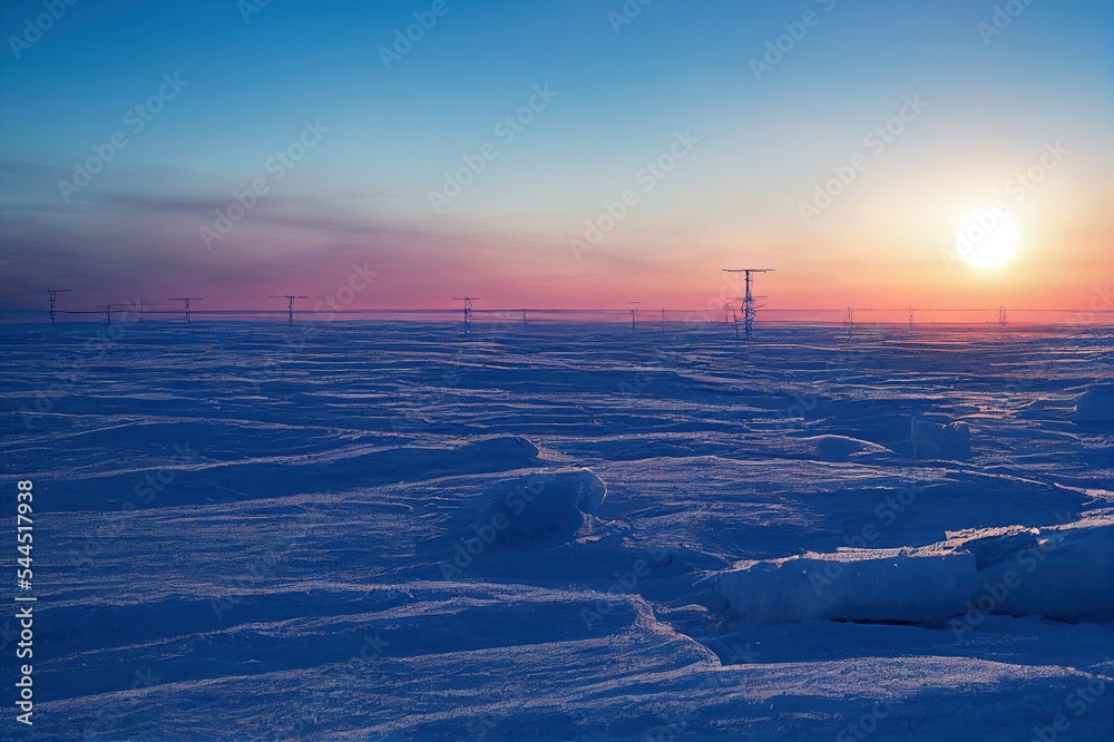 Winter arctic landscape. Sun in the tundra. Early winter twilight. Cold ...