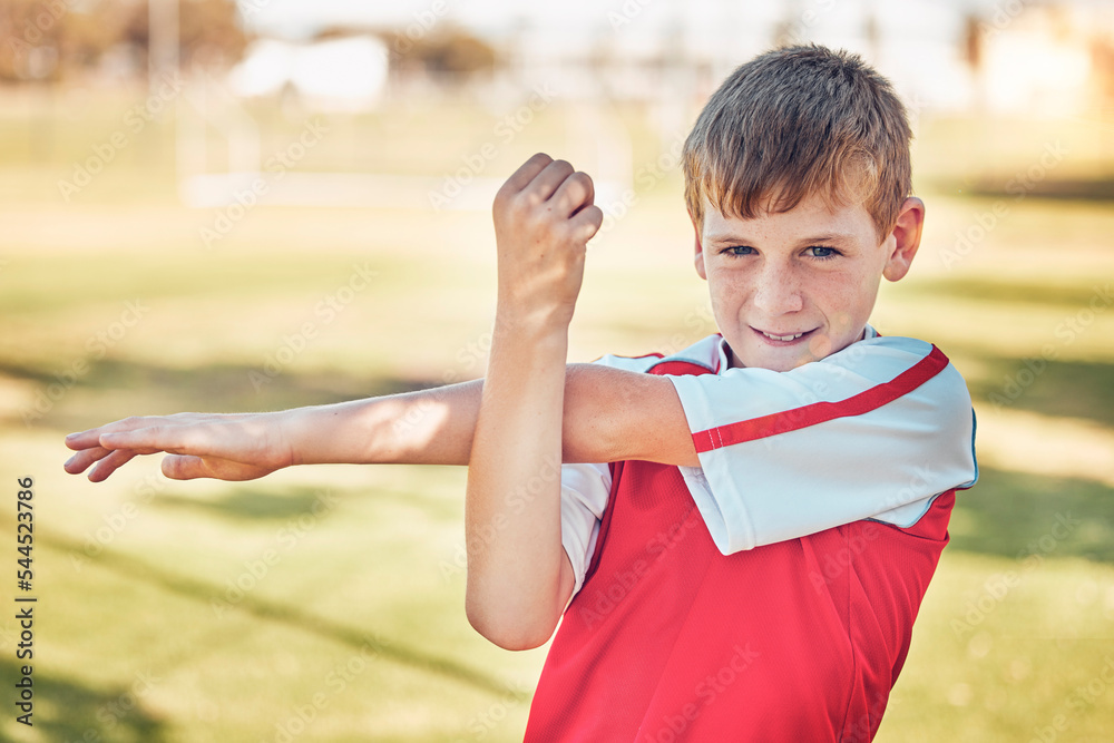 Soccer field, boy and kid stretching exercise, workout and training on ...