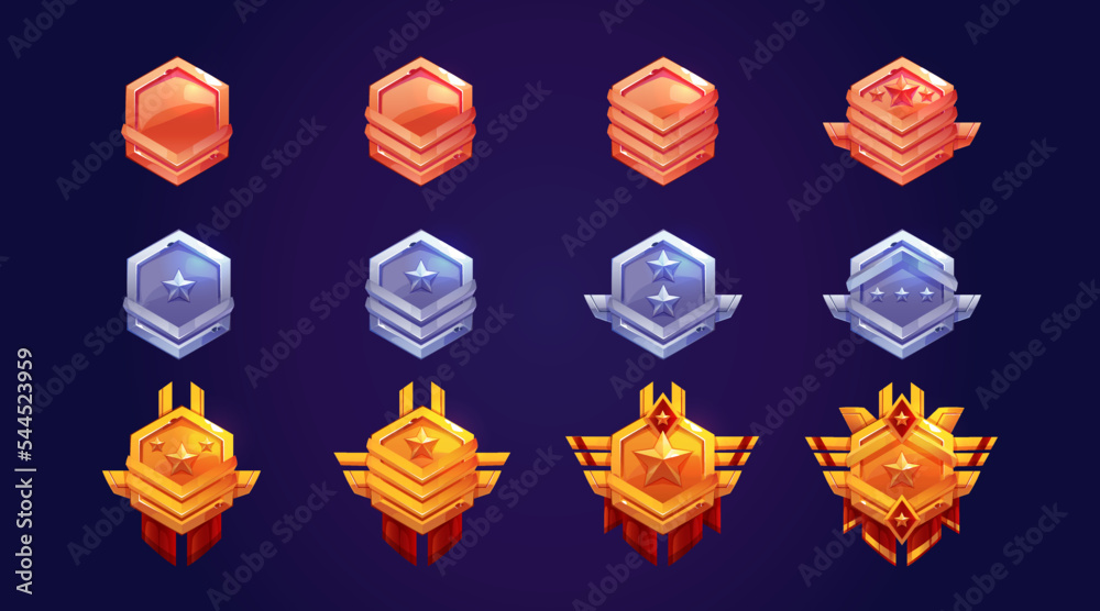 Game rank icons, bronze, silver and gold level badges evolution ...