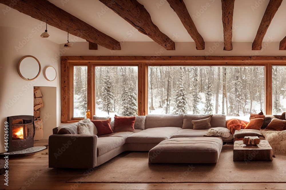 cozy warm home interior of a chic country chalet with a huge panoramic ...