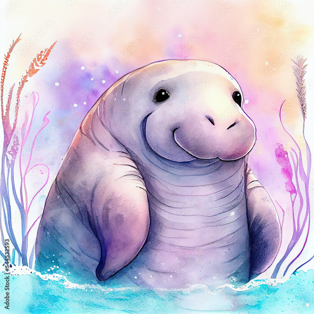 Cute cartoon manatee. Generative AI illustration. Animal water design ...