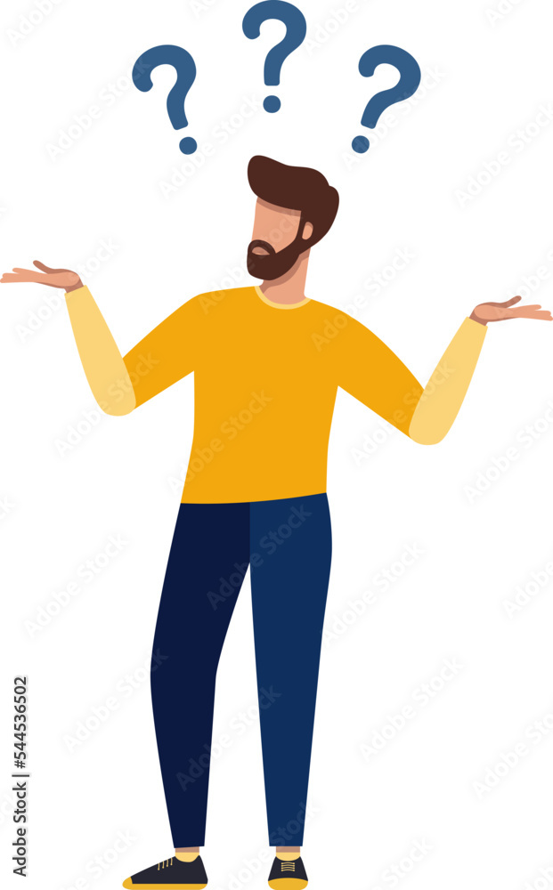 Vetor de Confused person surrounded by question marks do Stock | Adobe ...