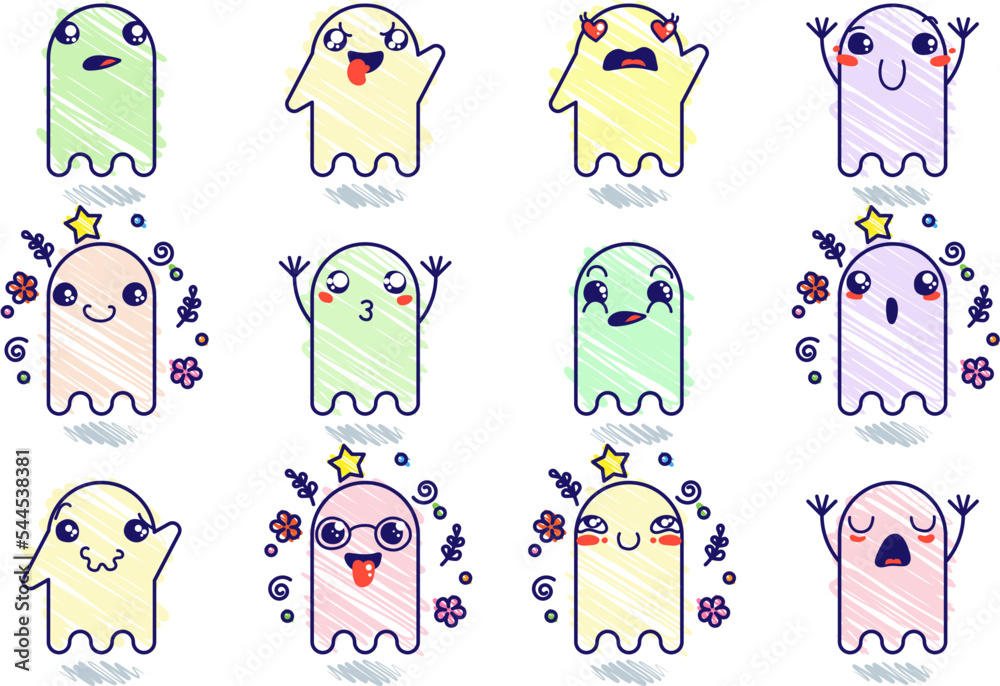 Set of Various Cartoon Ghosts with Emoticons. Doodle ghouls, eyes and ...