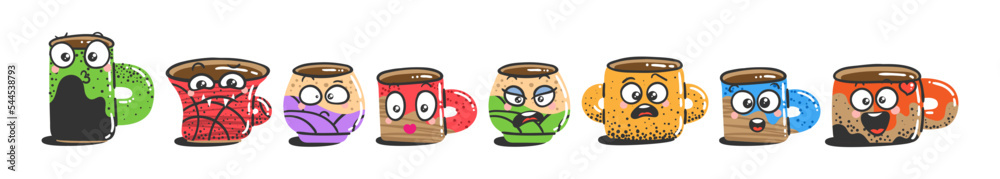 Various Cartoon Mugs with Emoticons. Doodle faces, eyes and mouth ...