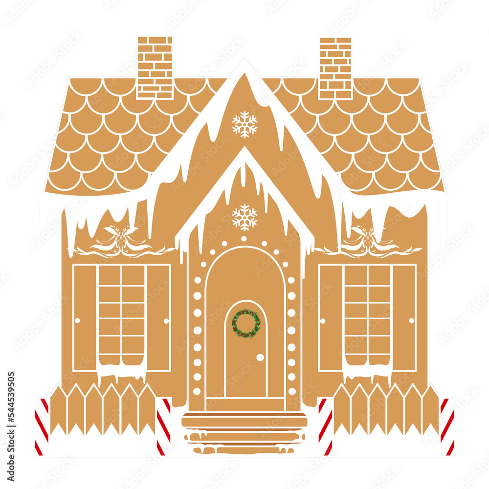 Gingerbread house in winter, with snow covered on roof and around ...