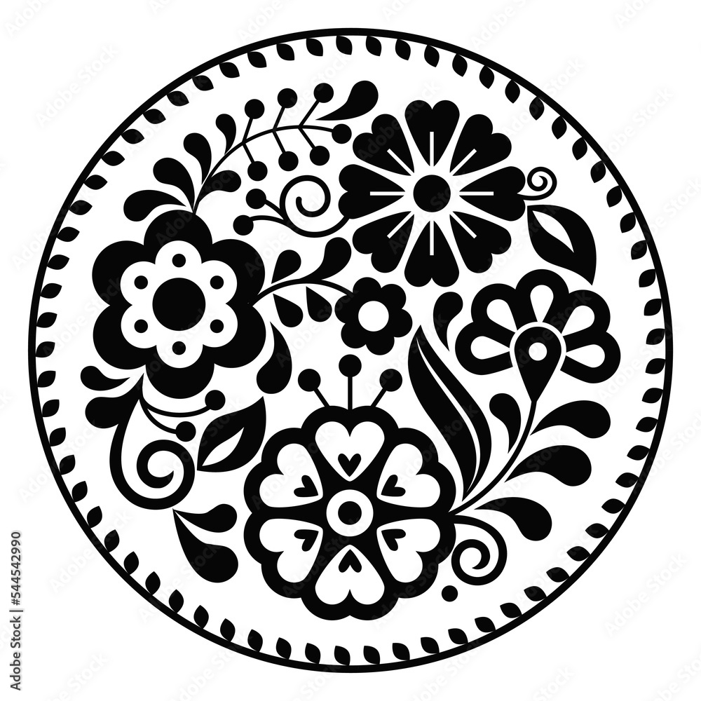 Mexican folk art style vector round floral pattern in frame, nature ...