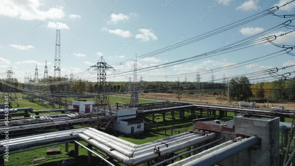 Power line industrial view, line of electric transmissions ...