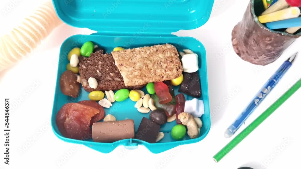 School kids lunch box sweet snacks. Blue container healthy break meal ...