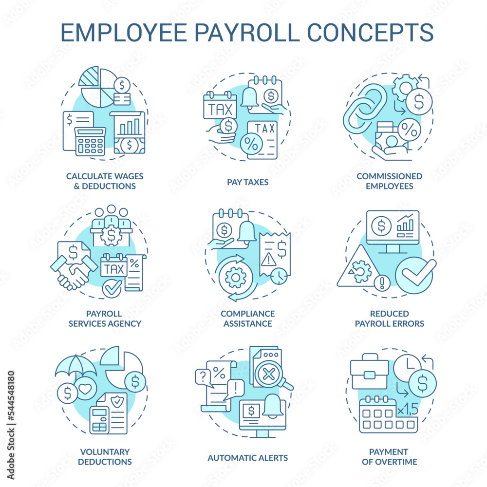 Employee payroll turquoise concept icons set. Worker salary for job ...