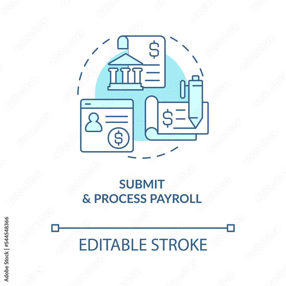 Submit and process payroll turquoise concept icon. Employee wage. Types ...