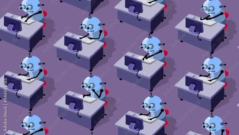 Robots working in office as employees on dark background. AI cartoon ...