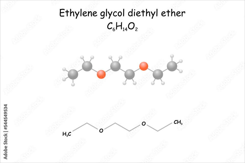 Stylized molecule model/structural formula of ethylene glycol diethyl ...