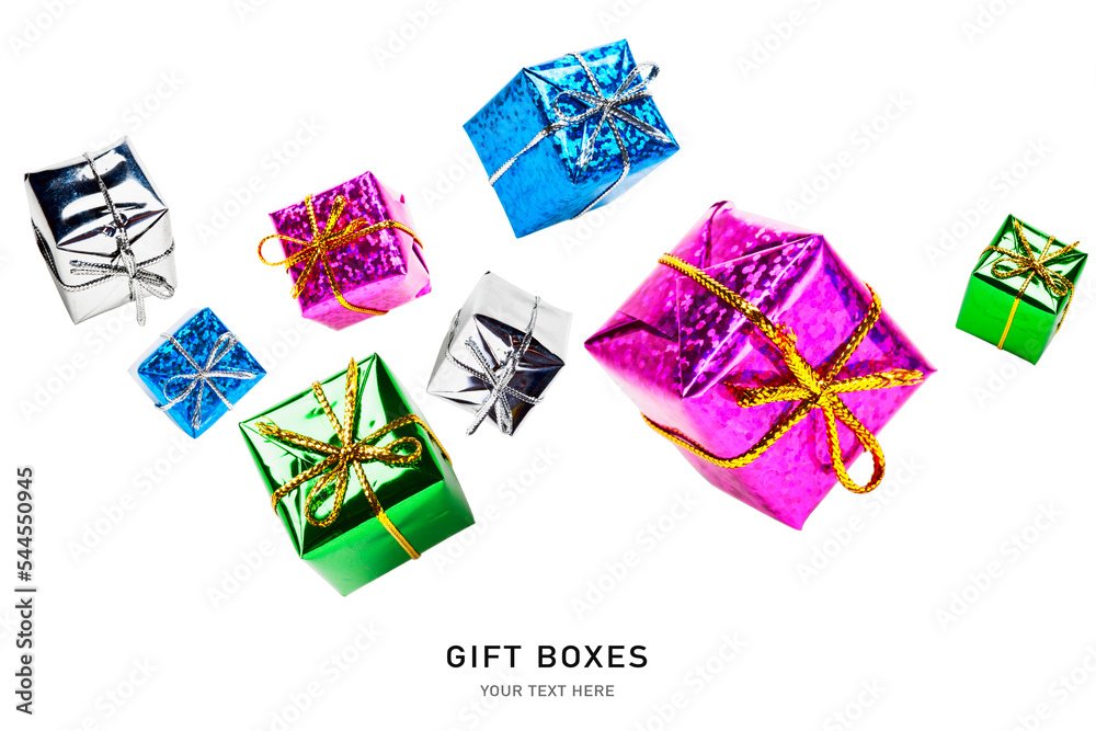Flying gift boxes on white background. Stock Photo | Adobe Stock