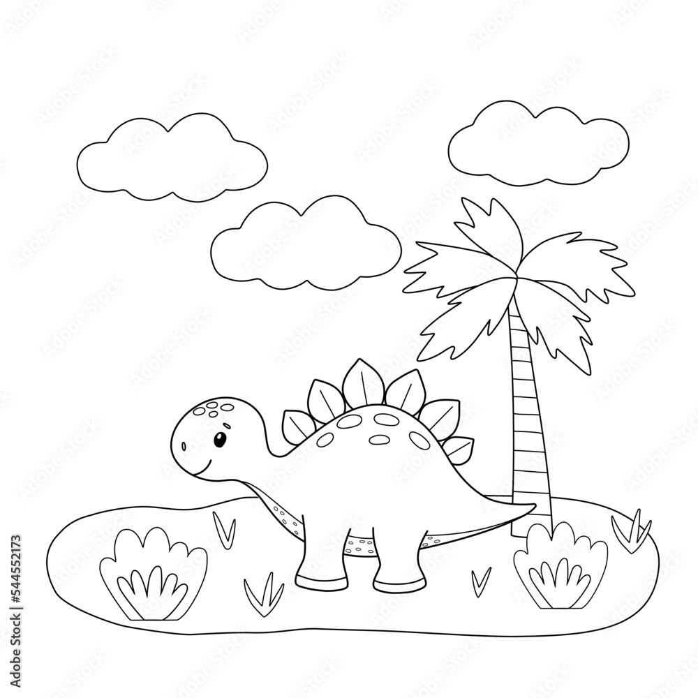 Coloring book for kids. Cute dinosaur sketch. Black outline childish ...
