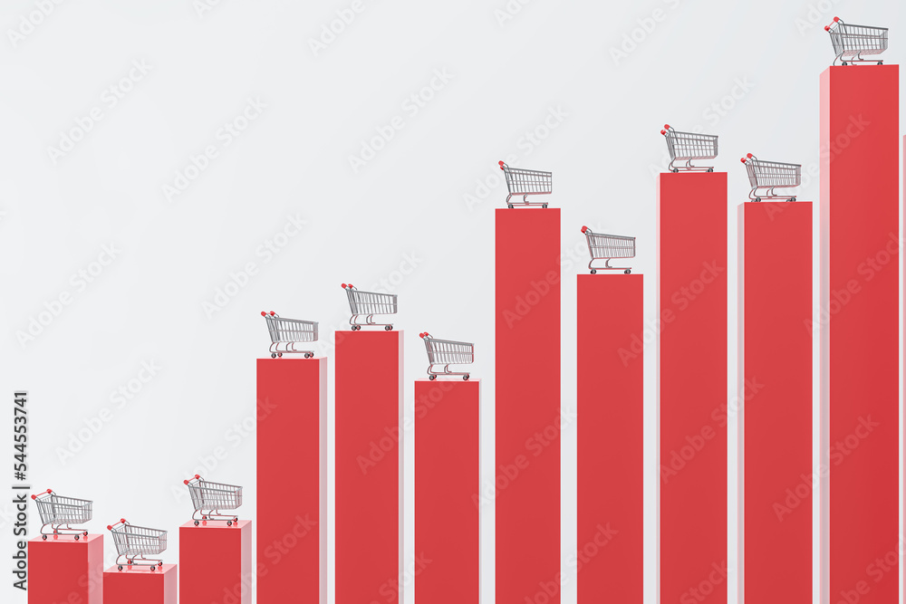 Abstract red business graph with shopping carts on white background ...