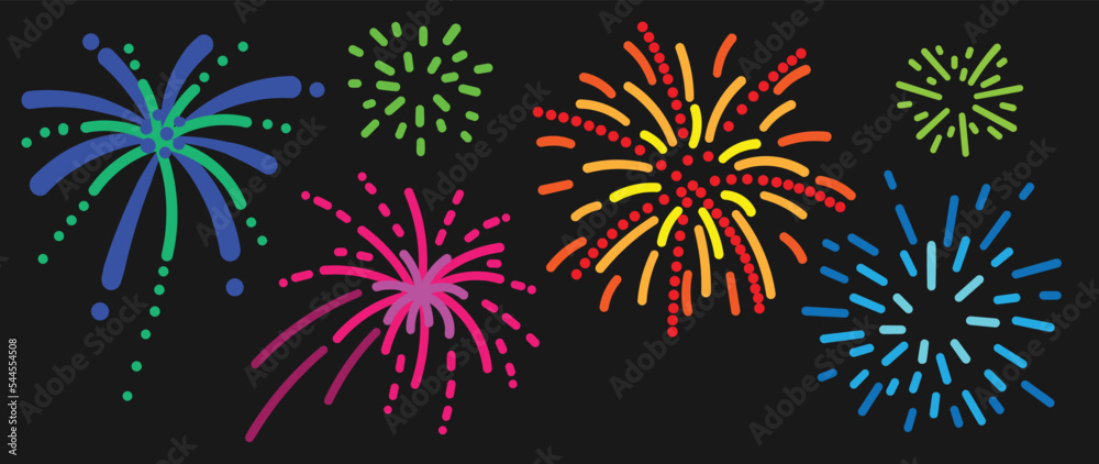 Set of new year firework vector illustration. Collection of glow vibrant colorful fireworks on ...