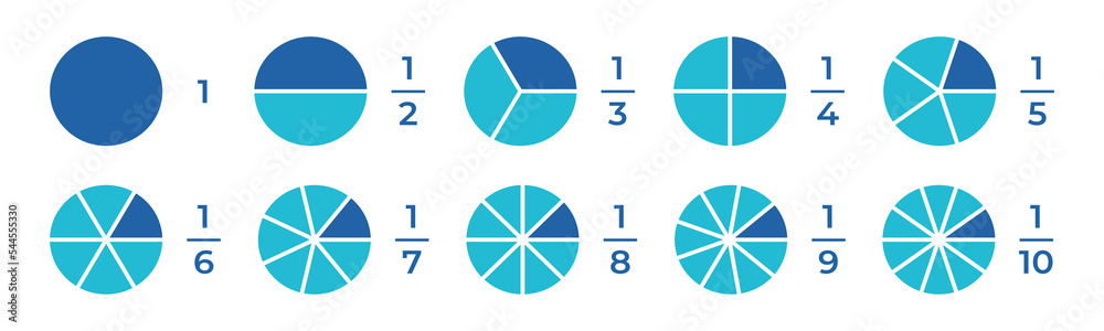 Vector illustration of fraction pie isolated on white background. Set ...
